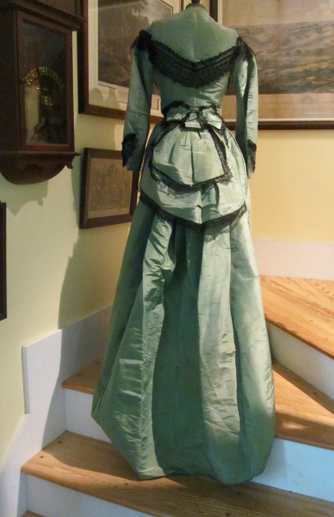 C-1870 Lady's Sage Green Satin Dress | J. Mountain Antiques