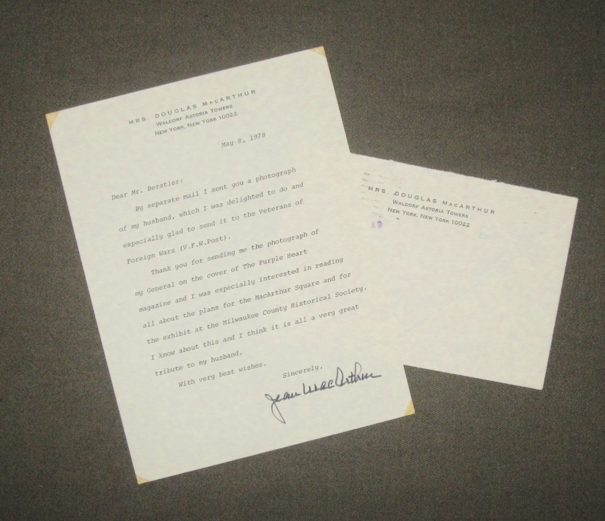 Jean MacArthur’s Letter, Sympathy Acknowledgement Card- Photo | J ...