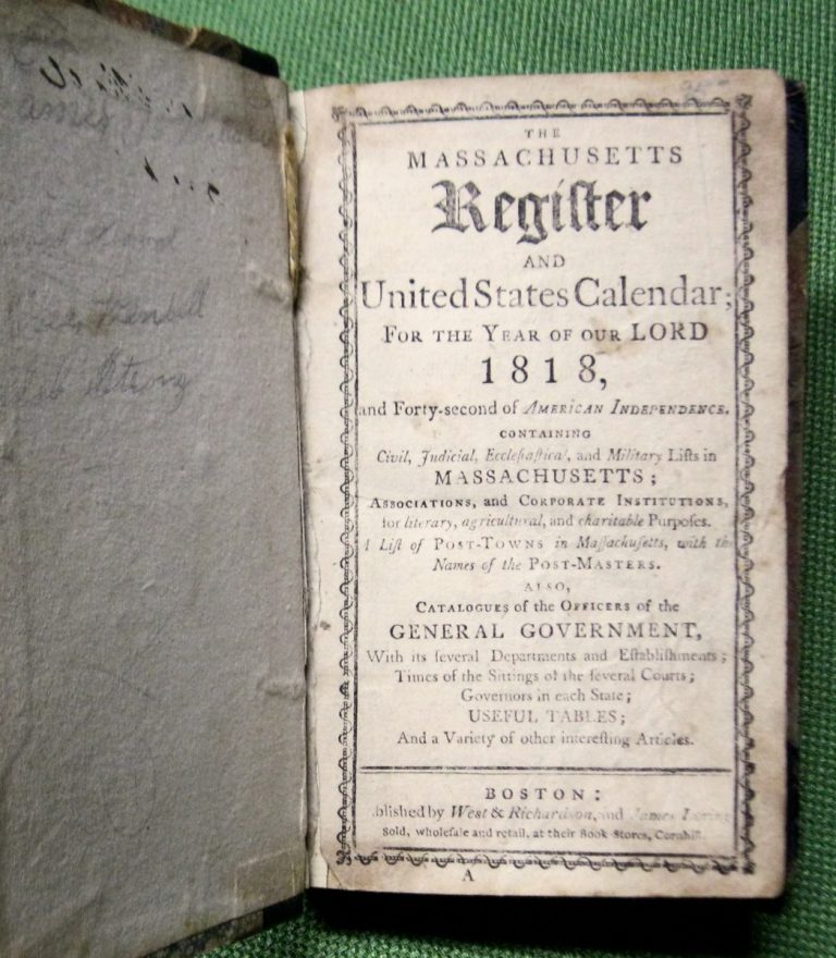 1818 Massachusetts Register & U.S. Calendar SOLD | J. Mountain Antiques