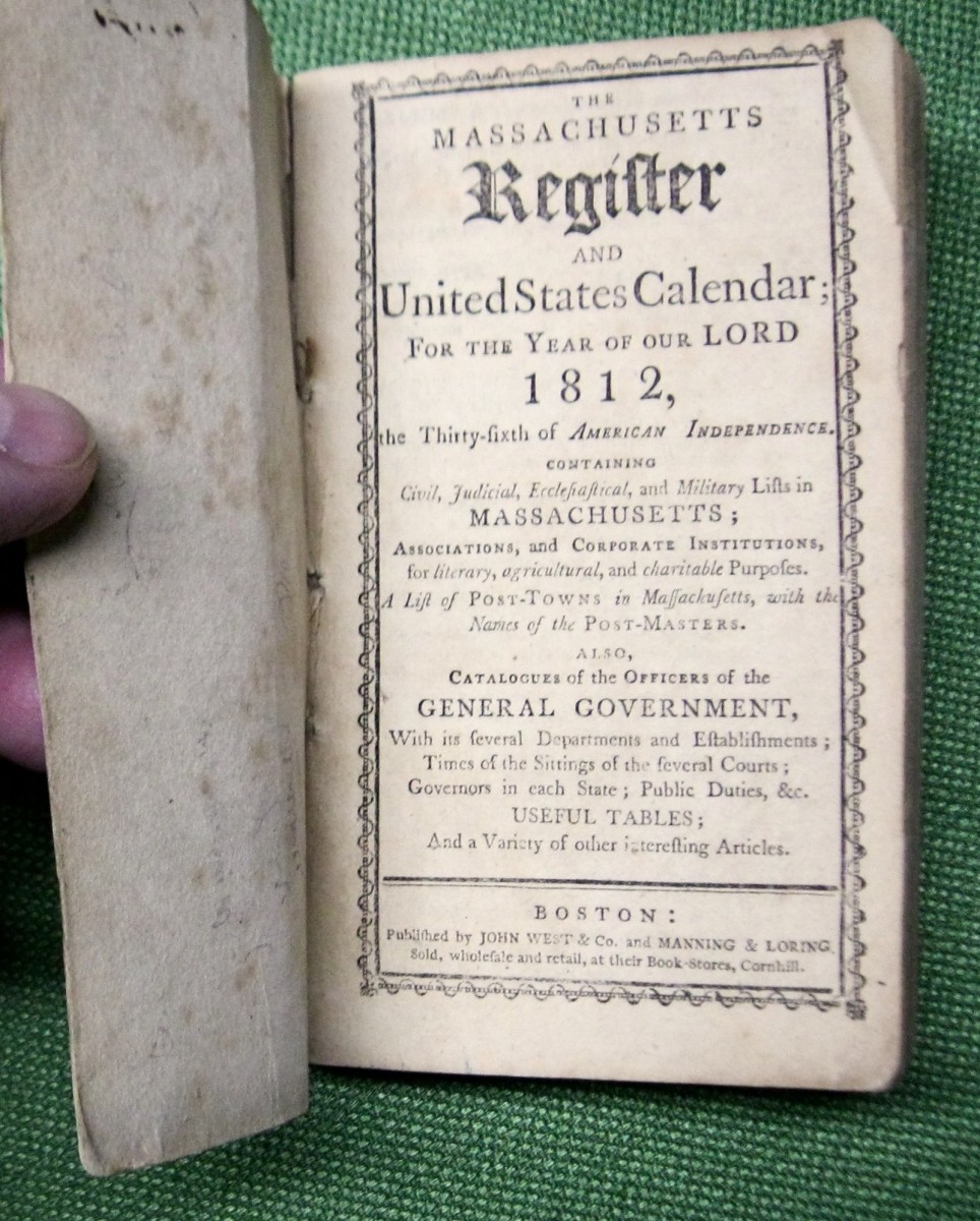 1812 Massachusetts Register & U.S. Calendar | J. Mountain Antiques