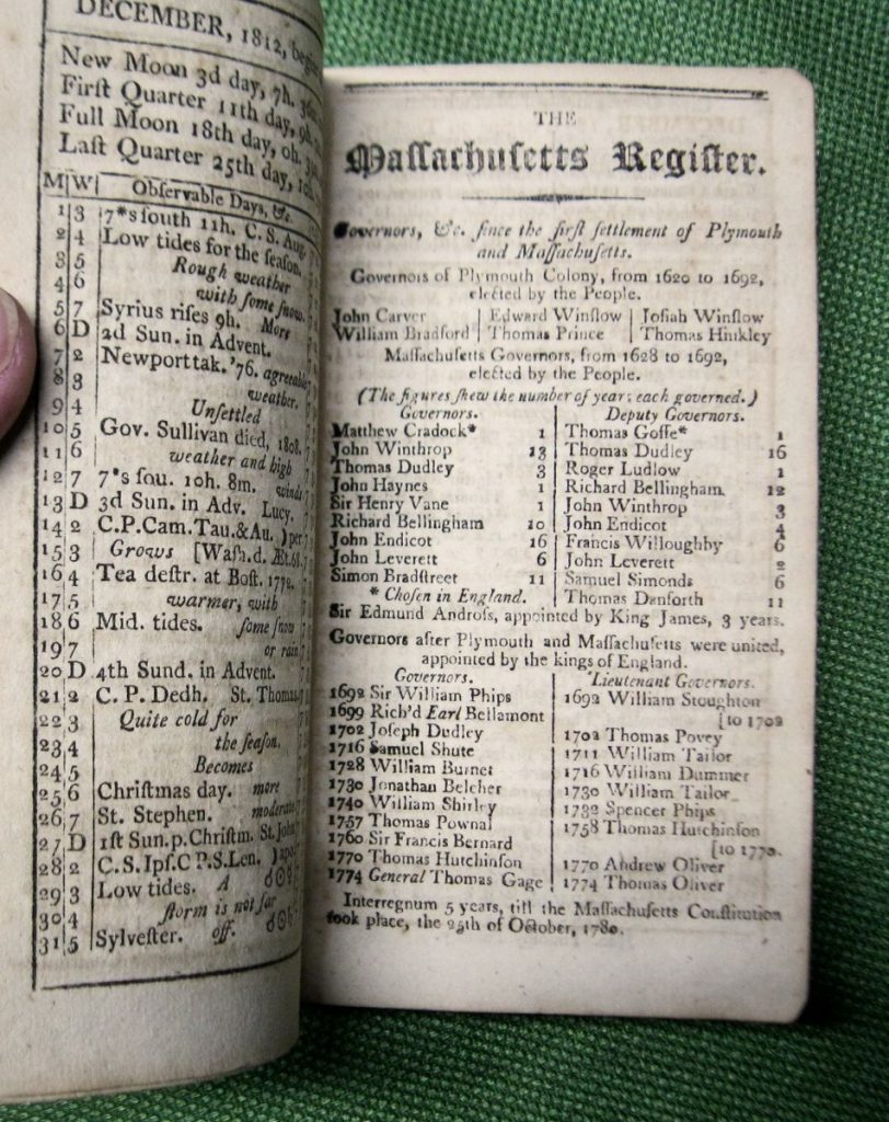 1812 Massachusetts Register & U.S. Calendar | J. Mountain Antiques