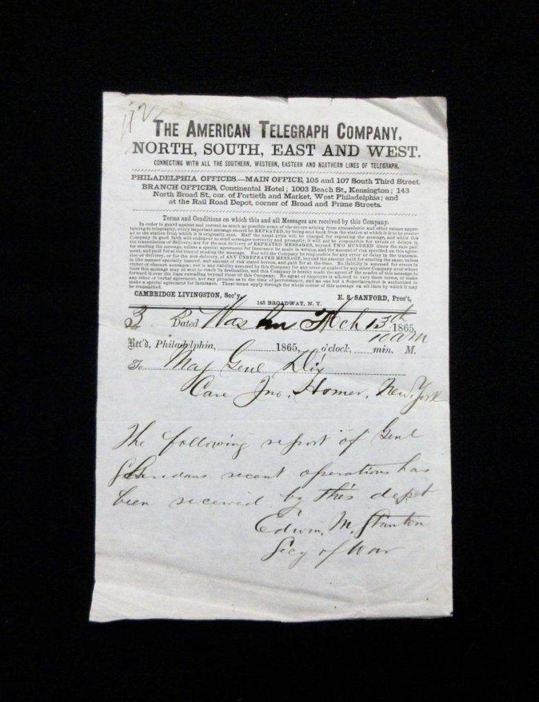 Civil War Telegram -March 13th 1865 From Edwin M. Stanton Sec. Of War ...