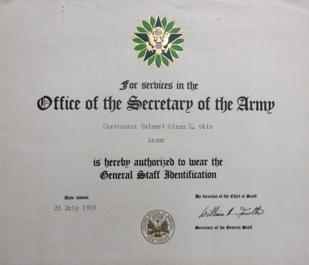 Certificate – General Staff Badge To Lt. Colonel Glenn K. Otis, 1969 ...