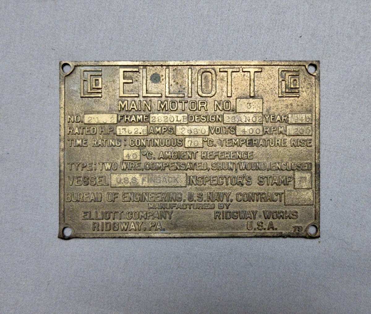 USS Finback – Submarine SS-230 Elliott Motor Co. Engine Plaque – SOLD ...