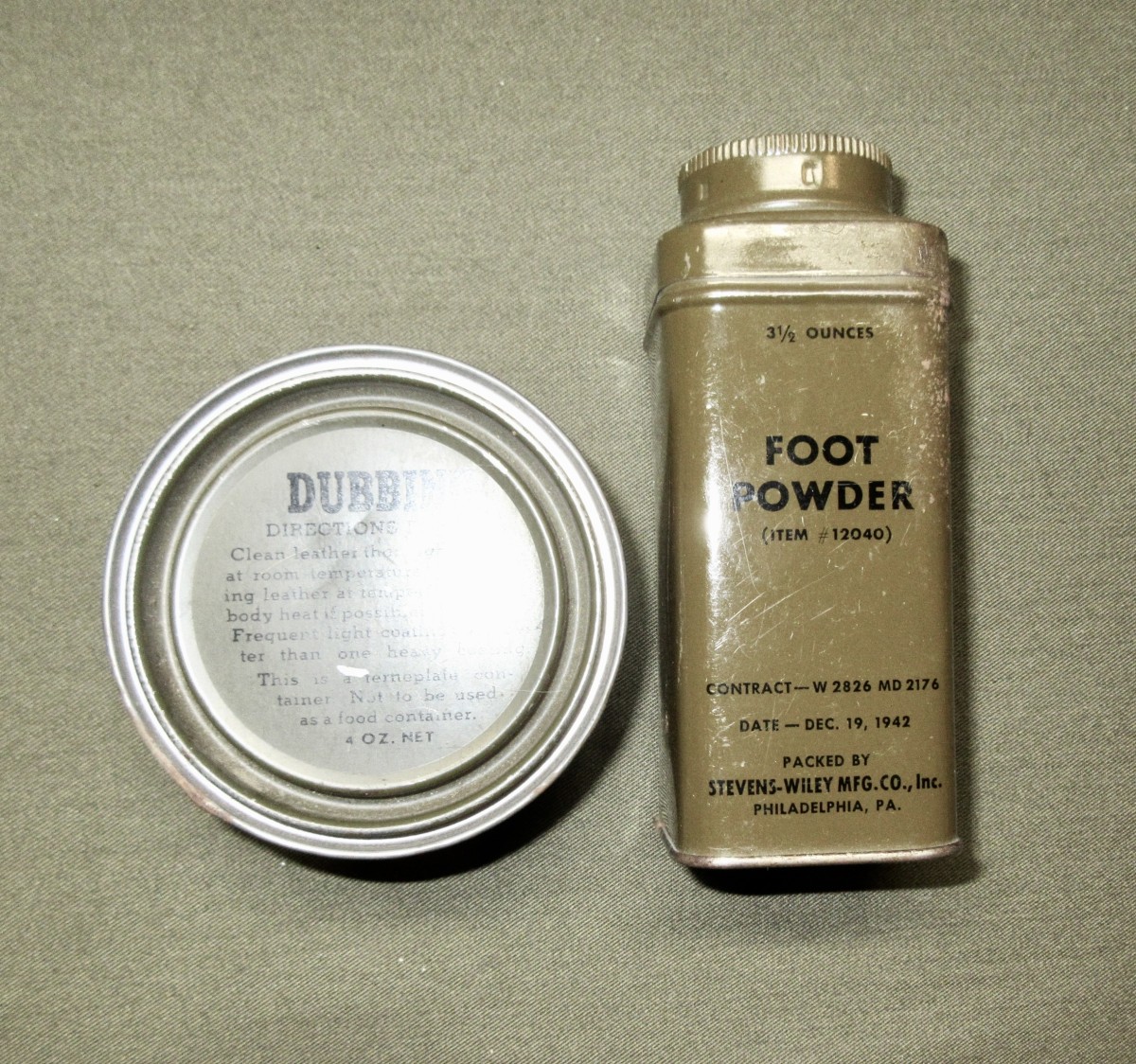 2 WWII Issue Cans – Foot Powder & Dubbing. SOLD | J. Mountain Antiques