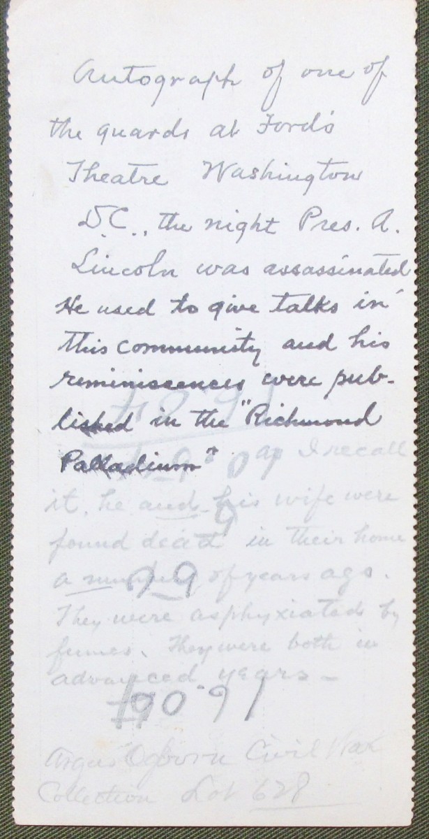 Autograph Of Ford’s Theater Guard -Harry H. Hoover -Lincoln ...
