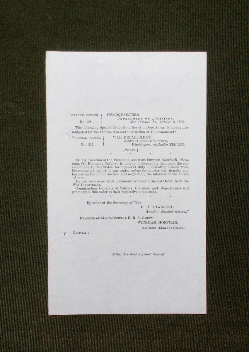 General Orders – Concerning A Dismissed Surgeon, 6th Kentucky Cavalry ...