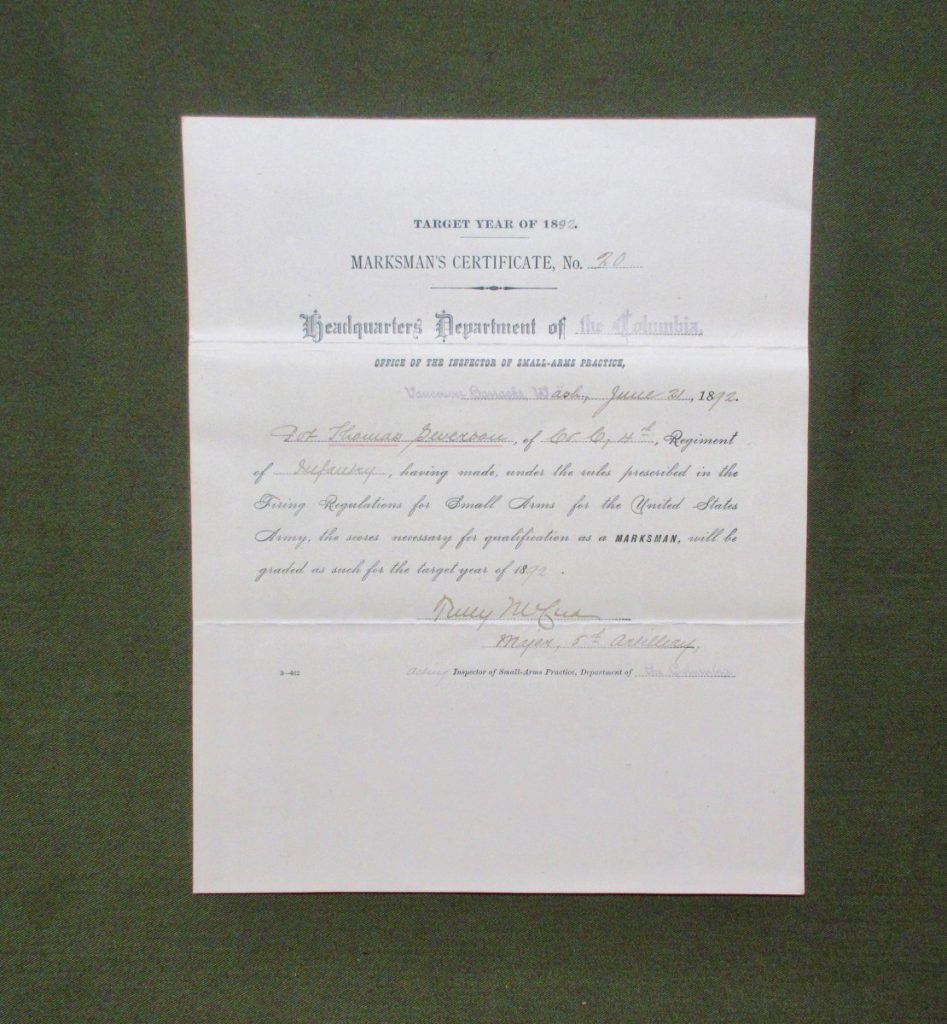 Marksman’s Certificate, Department of the Columbia 1892 – SOLD | J ...