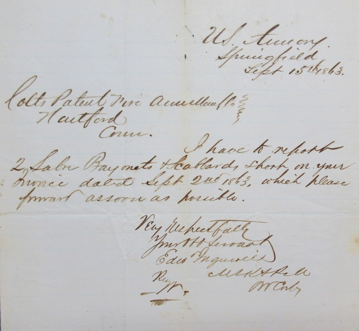 Letter From Springfield Armory To Colt Patent Firearms – 1863. SOLD | J ...