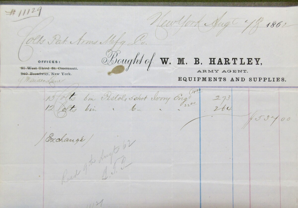 1862 Dated W.M.B. Hartley Billhead For 27 Colt Pocket Revolvers SOLD ...