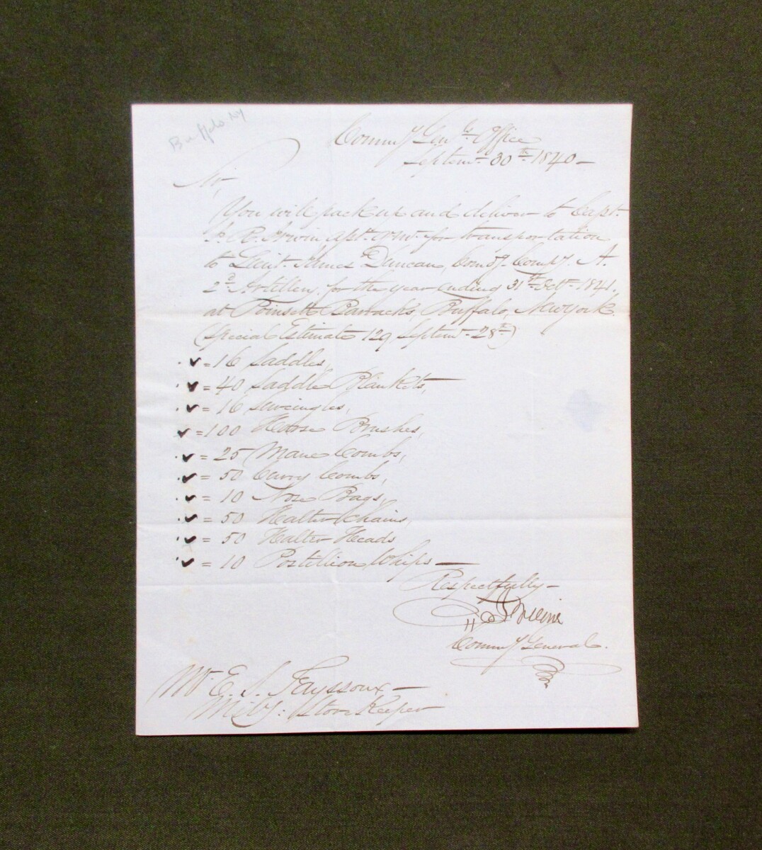 1840 Signed Letter From Callender Irvine, Commissary General of ...