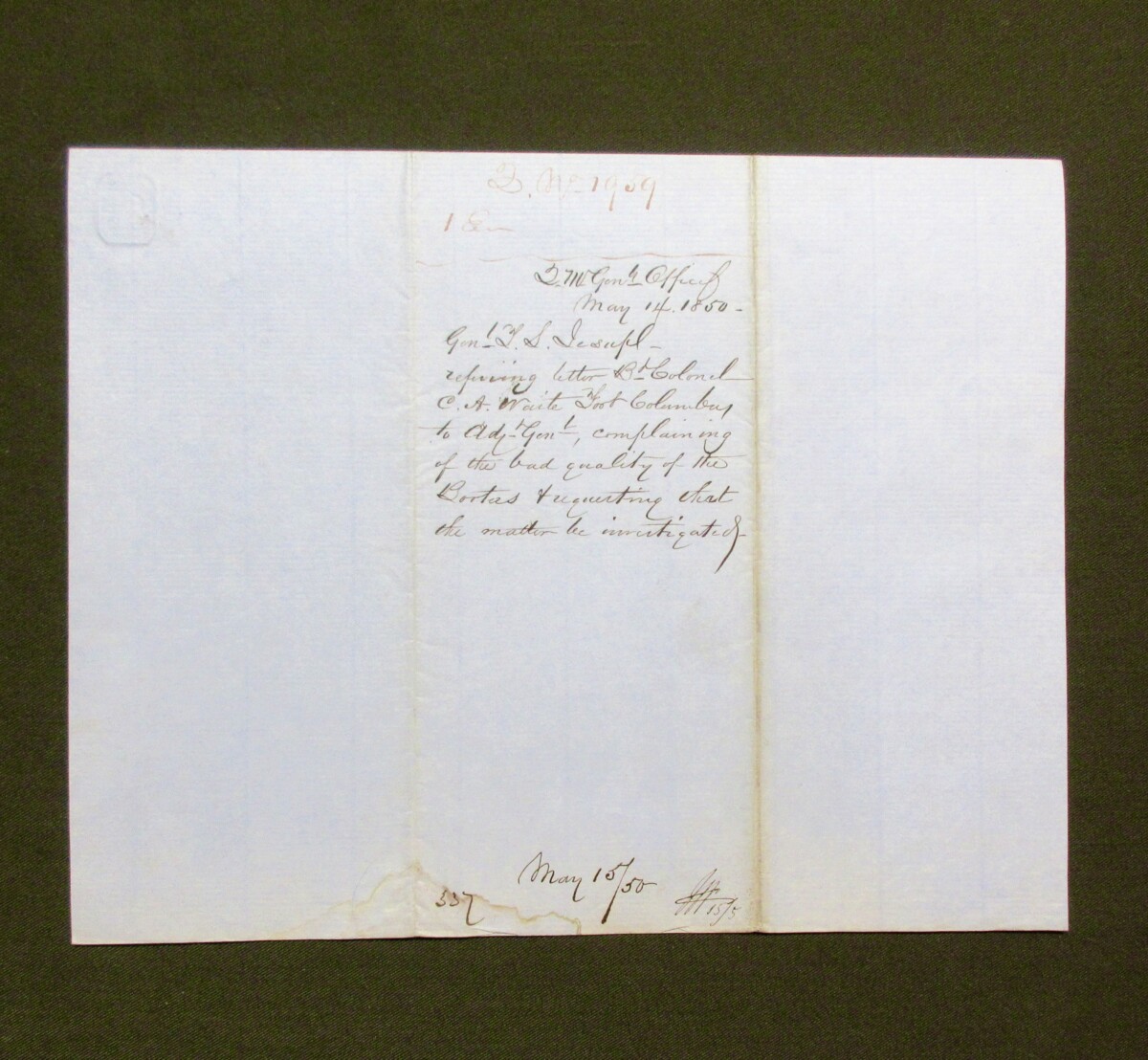 1850 Letter Regarding Lt. Colonel C.A. Waite – Fort Columbus, New York ...