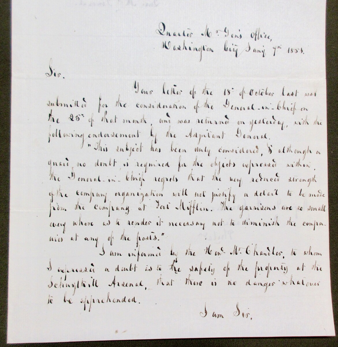 1851 Signed Letter From General Thomas S. Jessup, Quartermaster General ...