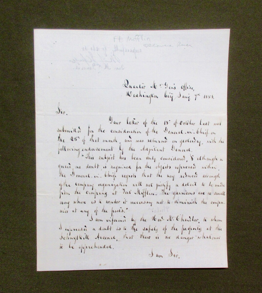 1851 Signed Letter From General Thomas S. Jessup, Quartermaster General ...