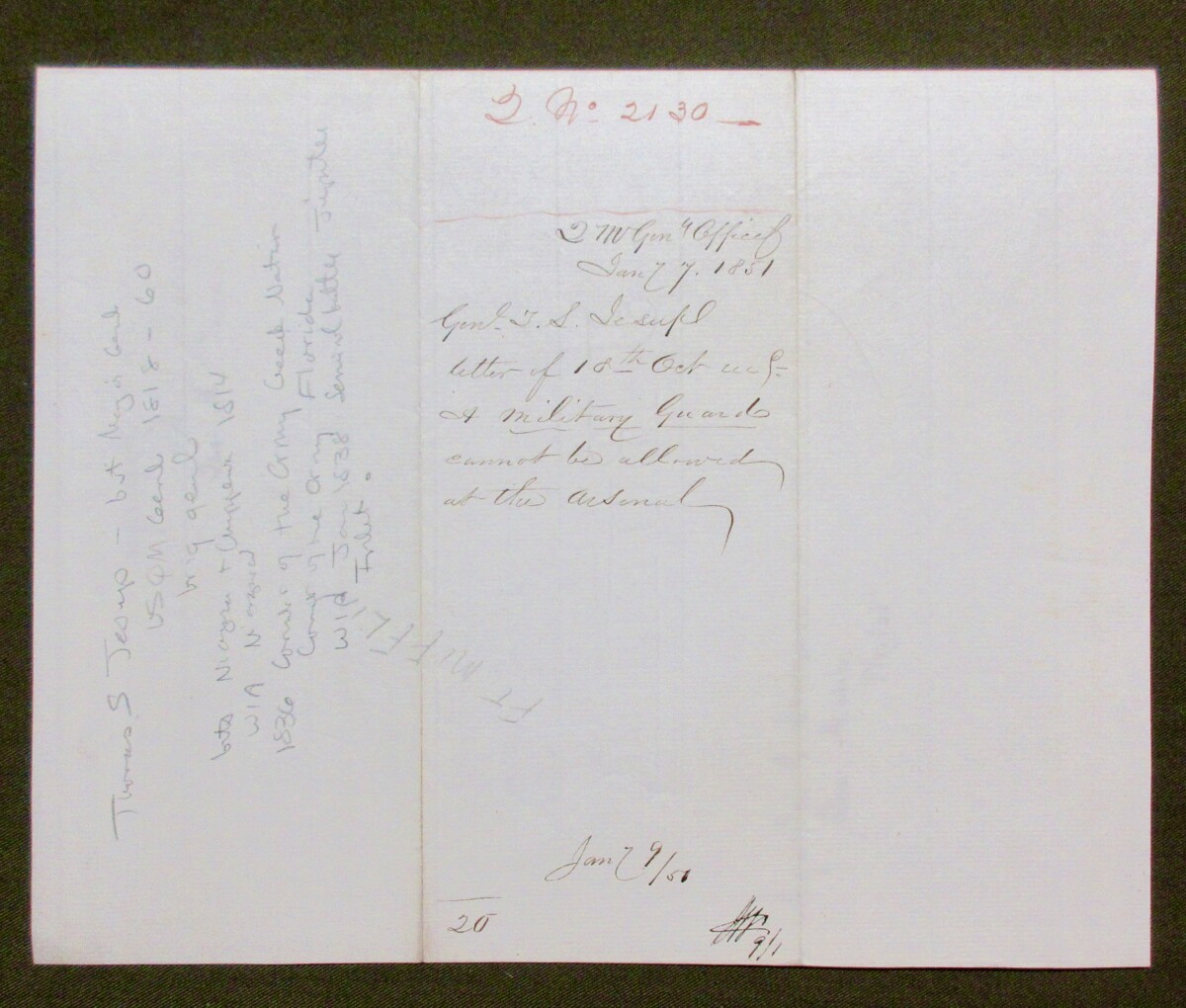 1851 Signed Letter From General Thomas S. Jessup, Quartermaster General ...