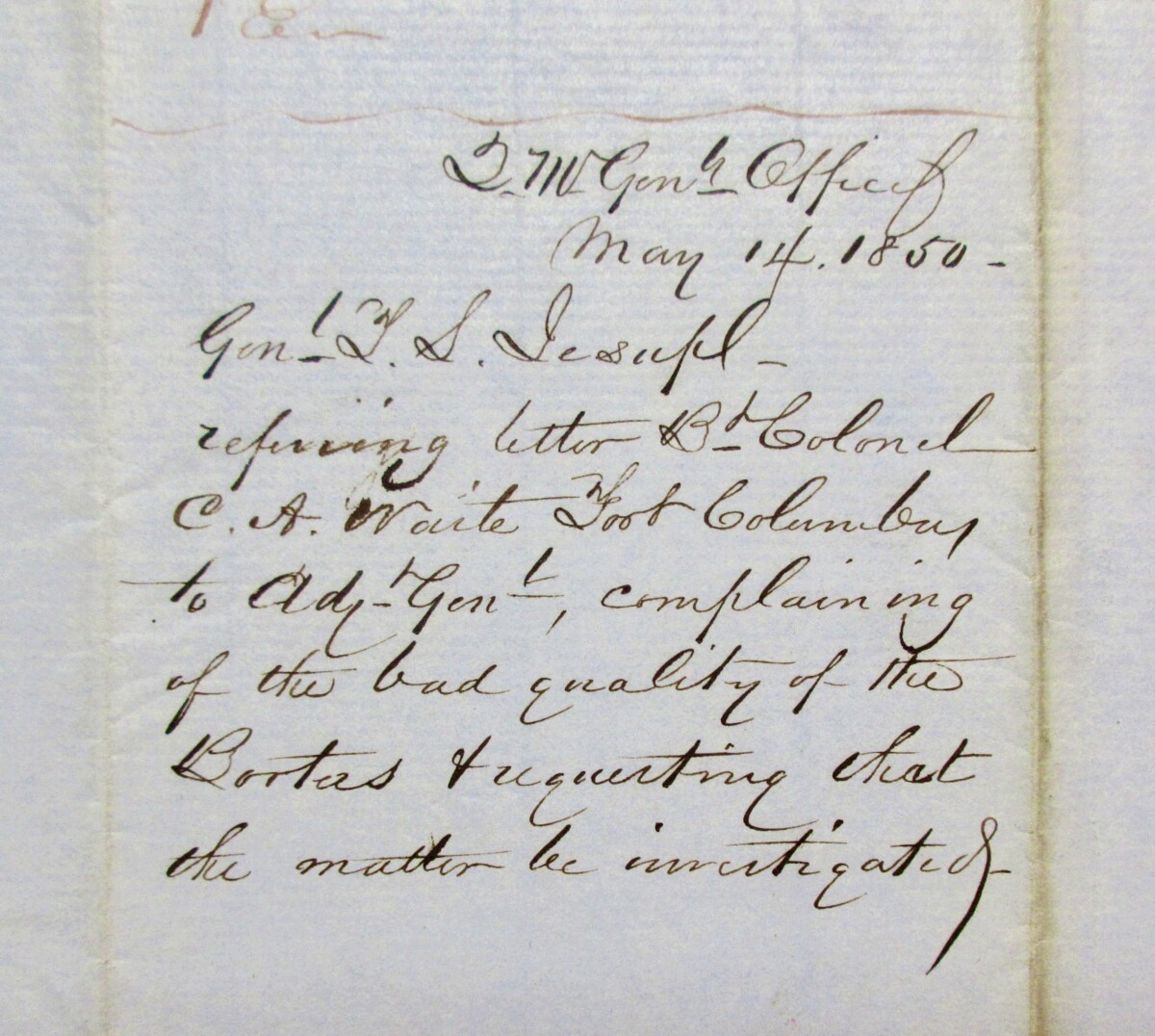 1850 Letter Regarding Lt. Colonel C.A. Waite – Fort Columbus, New York ...