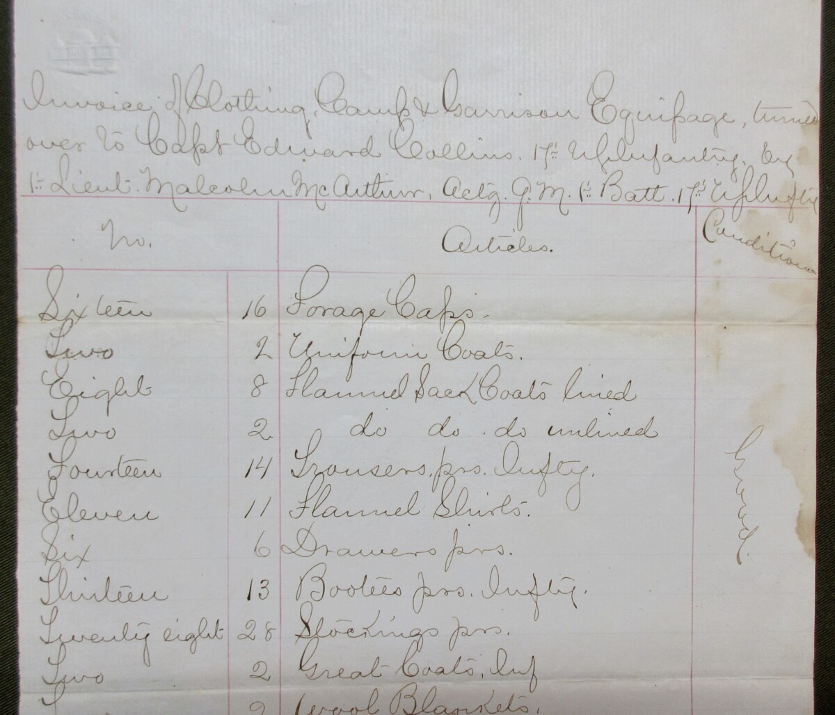 17th US Infantry Invoice For Camp & Garrison Equipage. – SOLD | J ...