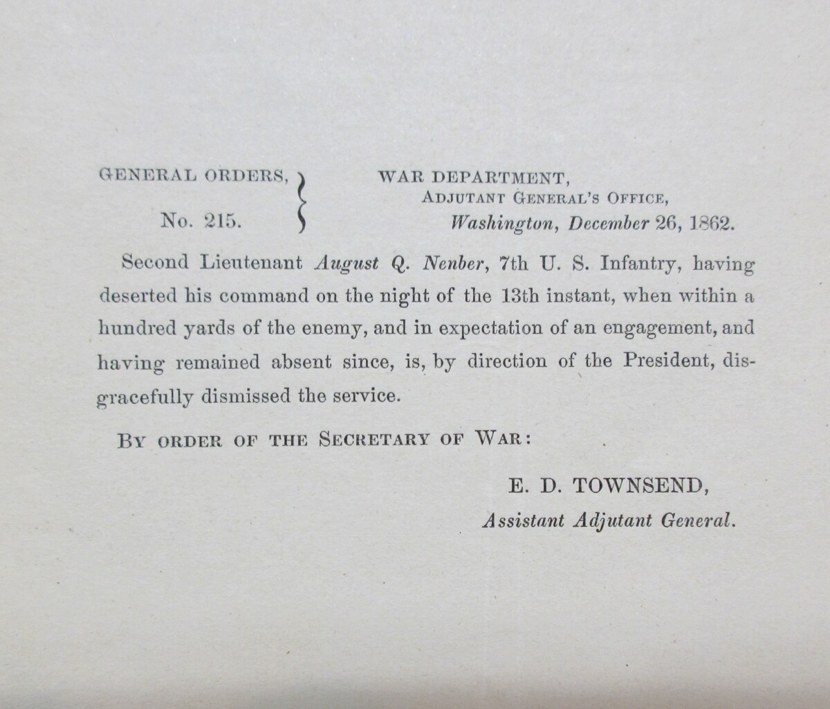 General Order No 215 War Dept – Desertion of a 7th US Infantry Officer ...